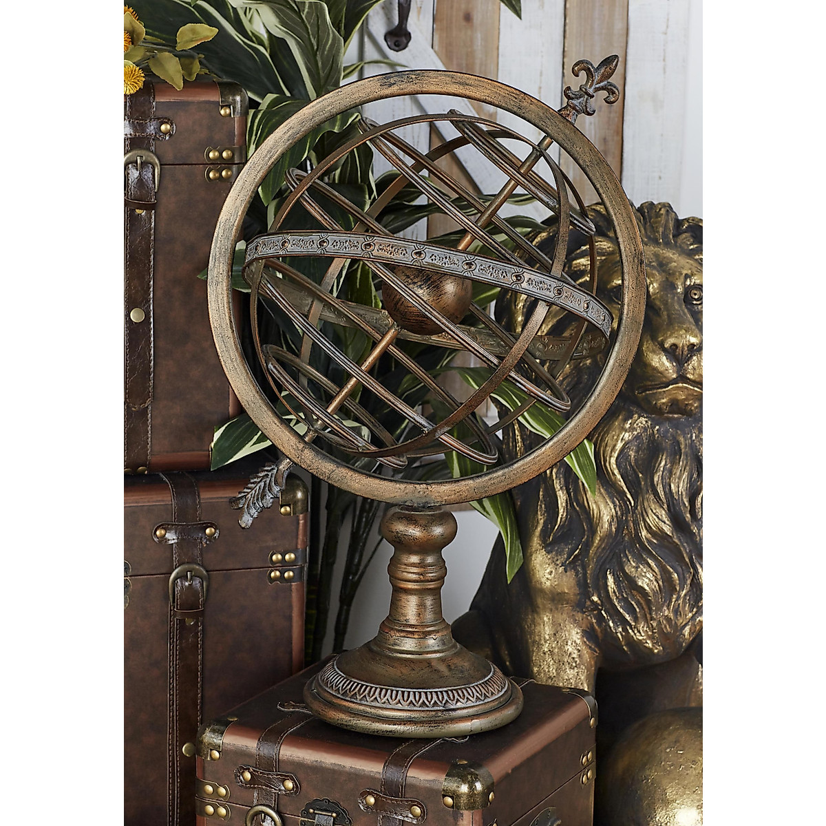 Deco 79 Metal Compass Armillary Globe, 17" x 14" x 25", Brass