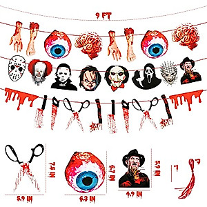 Kirako Halloween Party Banners Decorations Horror Classic Movie Character Bloody Knife Weapons Broken Body Parts Hanging Garland Photo Props Vampire Zombie Haunted House Decor Supplies, Set of 3