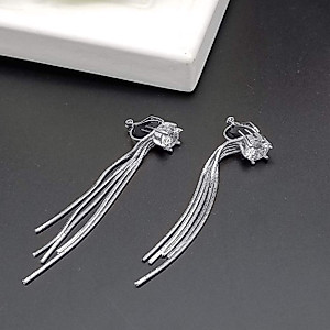 YOQUCOL 7MM Bright Cubic Zirconia Crystal Tassel Dangle Clip On Long Drop Non Pierced Wedding Earrings For Women