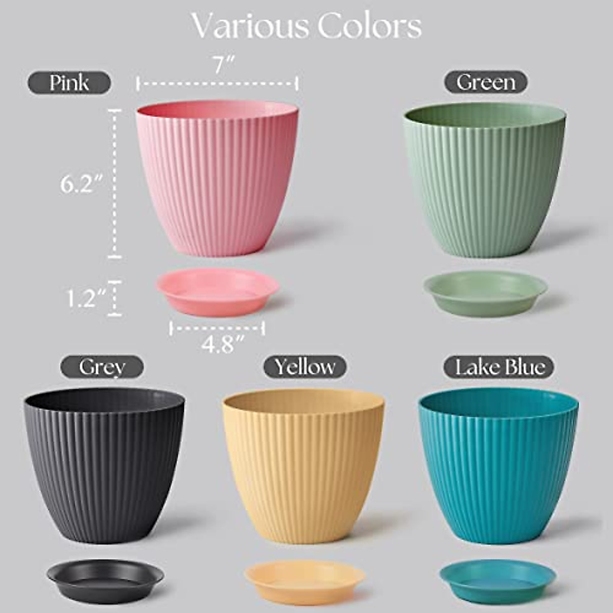 Giraffe Creation 7 inch Large Plant Pots, 5 Pack Flower Pots Outdoor Indoor, Planters with Drainage Hole and Tray Saucer