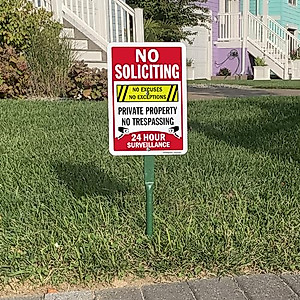 SmartSign “No Soliciting No Excuses - Private Property, No Trespassing, 24 Hour Surveillance” Sign for Lawn | 21” Tall Stake & Sign Kit