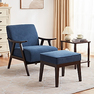 Batohom Solid Wooden Armchair with Ottoman,Mid Century Modern Chair and Footrest,Upholstered Club Chair and Ottoman Set,Comfy Reading Tufted Accent Chair for Bedroom,Side Living Room Chair (Blue)