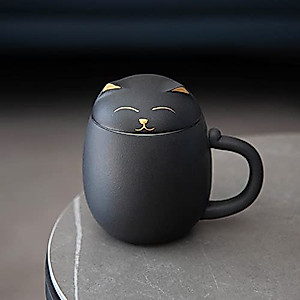 HEER Ceramic Tea Mug with Infuser and Lid, Cute Cat Tea Cup with Filter for Steeping Loose Leaf, Chinese Handmade Porcelain Teacup for Home Office. (Black)