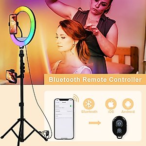 Znbruiap 10 in RGB Selfie Ring Light with Tripod Stand & Phone Holders-Ring Light Color Changing with Desktop Tripod and Remote