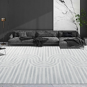 HOMBYS 10x14ft Contemporary Striped Area Rug for Living Room Bedroom, Large Modern Floor Carpet with Non-Slip Backing for Indoor, Minimalist Home Deco Non-Shedding, Grey, Machine Washable