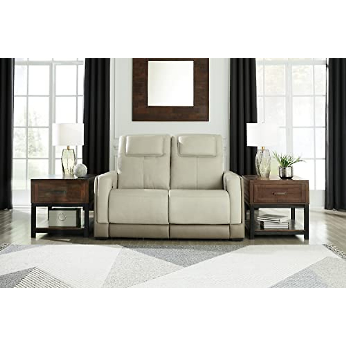 Signature Design by Ashley Battleville Contemporary Leather Power Reclining Loveseat with Adjustable Headrest, Light Gray