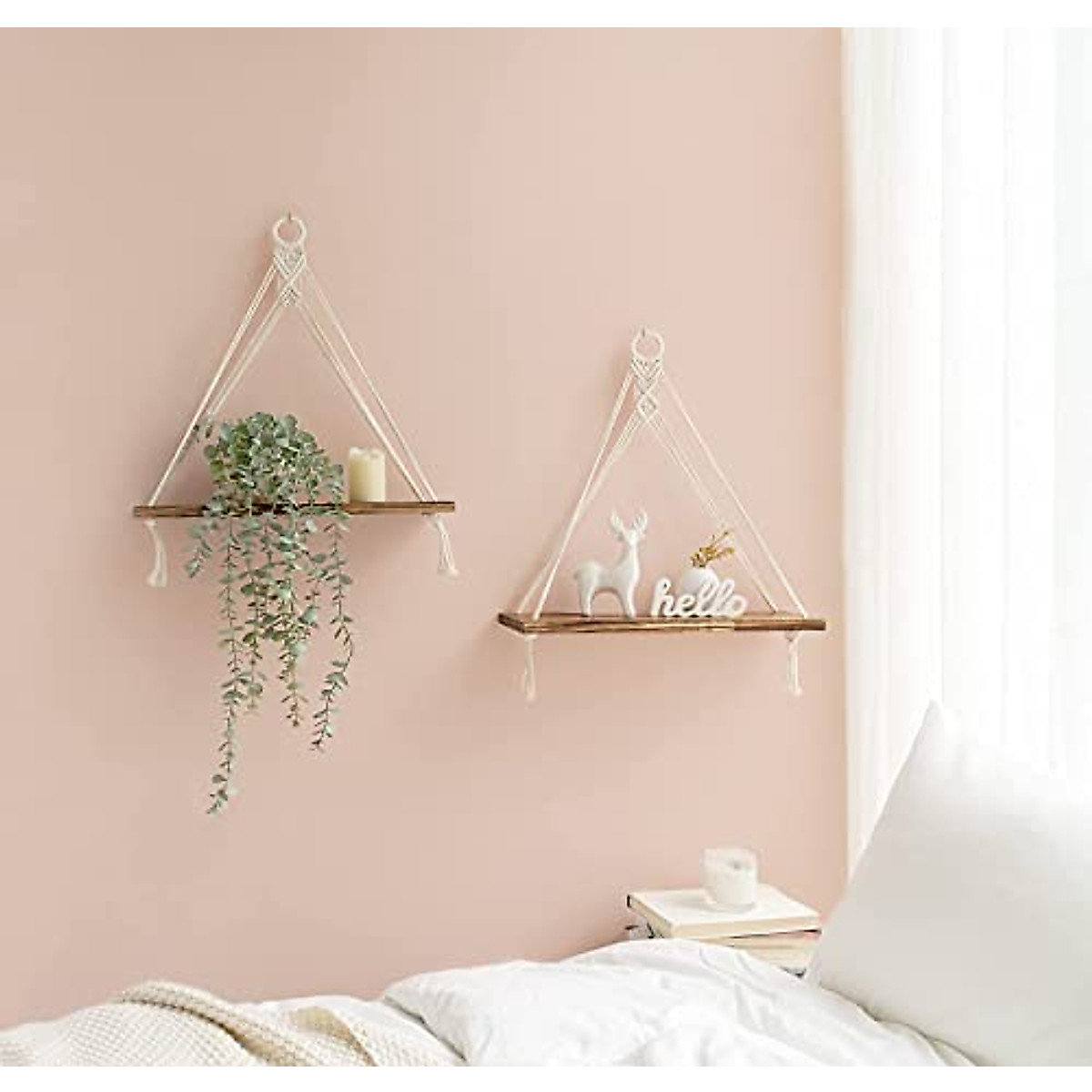 Mkono Macrame Wall Decor 4 Piece Set, 2 Pcs Macrame Wall Hanging Art Boho Wall Decor and 2 Pcs Hanging Shelves Wood Floating Storage Shelf for Bedroom Bathroom Living Room Nursery Dorm Room