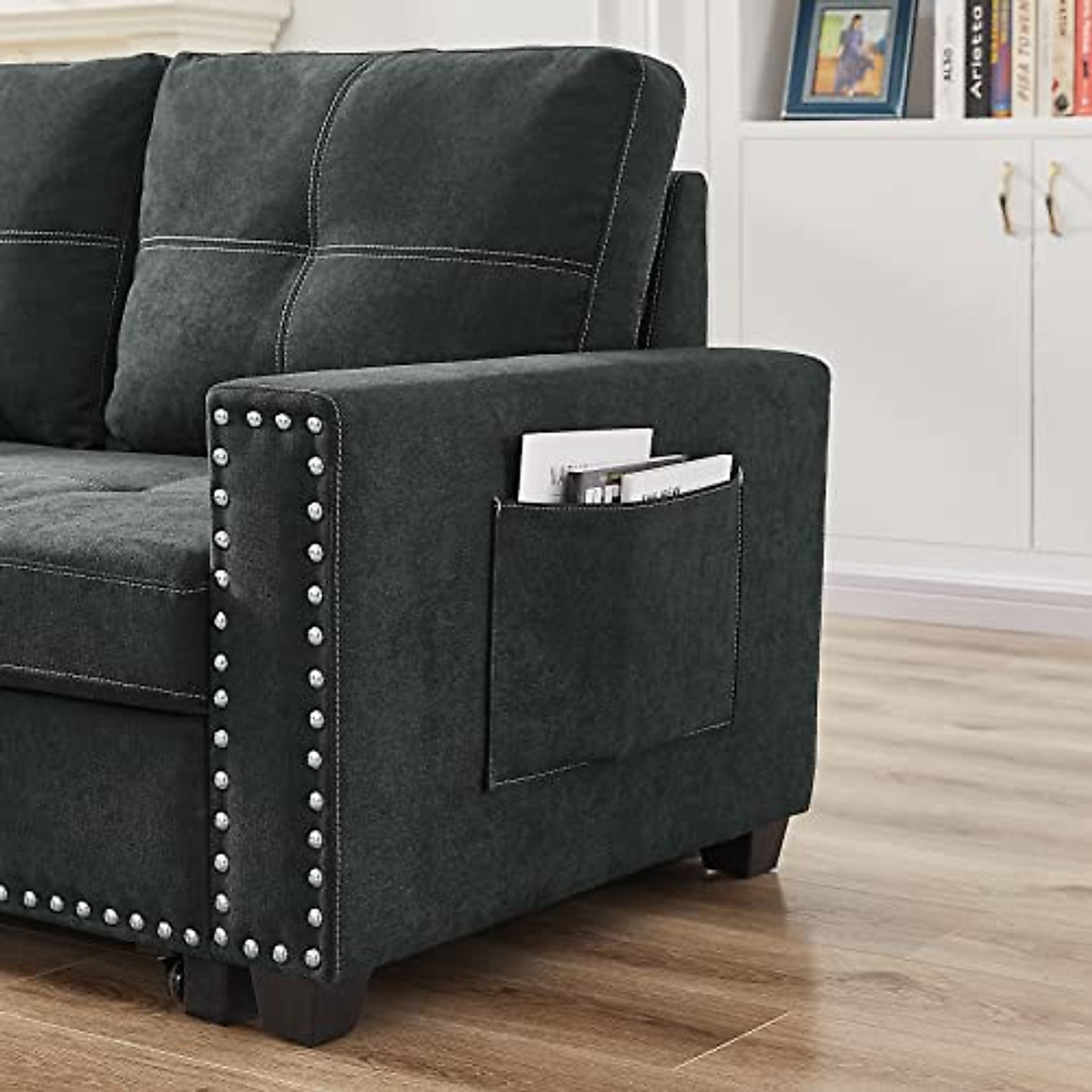 Ucloveria Reversible Sectional Sofa Couch, Sleeper Sofa Bed with Storage Chaise Pull Out Couch Bed for Living Room L-Shape Lounge 2 in 1 Sectional Couch with Pull Out Bed Black