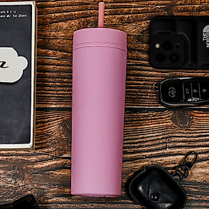 Ezhydrate SKINNY TUMBLERS (1 Pack)- LIGHT PINK- Matte Pastel Colored Acrylic Single Tumbler with Lid and Straw | 16oz Double Wall Reusable Plastic Tumbler w Straw Cleaner INCLUDED