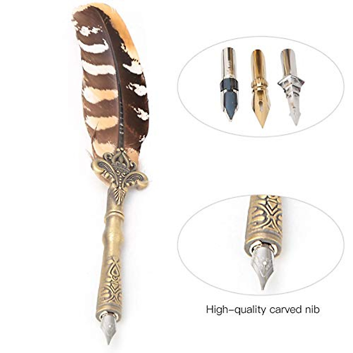 Feather Quill Pen Vintage Feather Dip Ink Pen Set Calligraphy Dip Pen + 3 Nibs + Ink Bottle(Empty) Birthday Gift Set