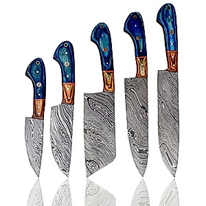 Handmade 5 Pieces Set, Knife Hand Forged Chef Knives Kitchen Set Damascus Steel Knives Gift Item for Her,Fine Tool Professional Chef Knives Set Vegetable Meat Cooking Knife with BLUE Solid Wood Handle