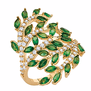 PalmBeach Yellow Gold-Plated Marquise Cut Simulated Green Emerald and Round Cubic Zirconia Leaf Ring Sizes 6-10 Size 9