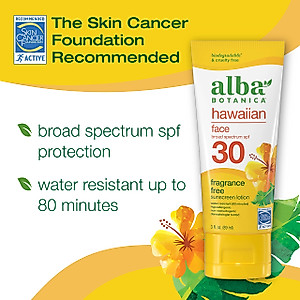 Alba Botanica Sunscreen for Face, Fragrance-Free Hawaiian Face Sunscreen Lotion, Broad Spectrum SPF 30, Water Resistant and Biodegradable, 3 fl. oz. Bottle