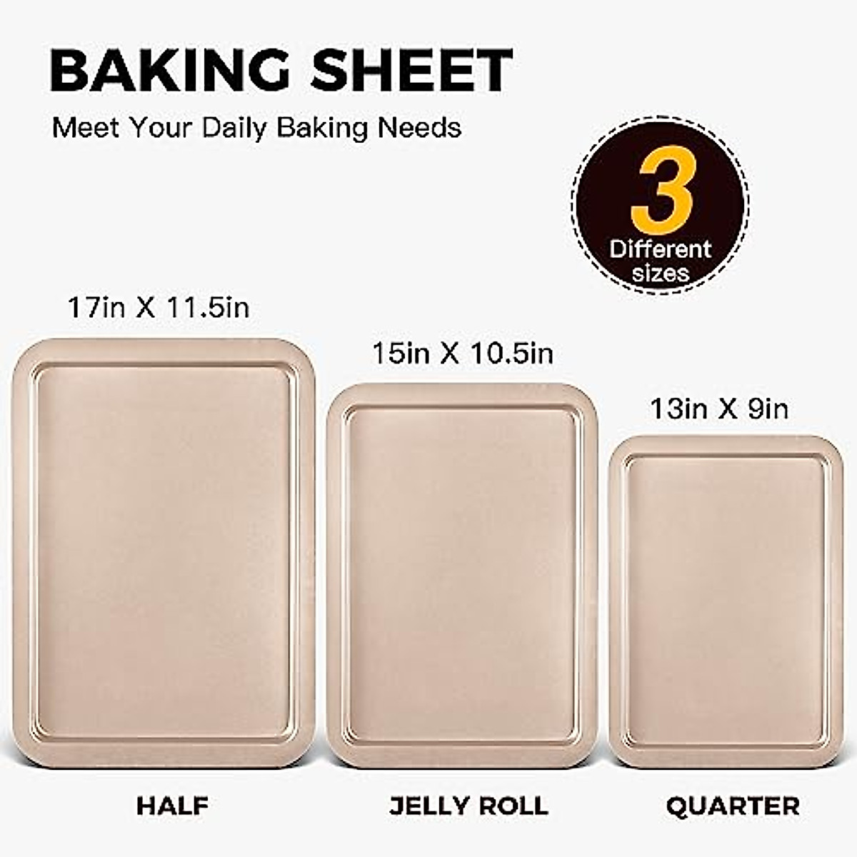 HONGBAKE Cookie Sheets, Baking Sheet Set, Nonstick Oven Pan with Wider Grips, 3 Pack Half/Jelly Roll/Quarter Baking Tray, Premium & Dishwasher Safe