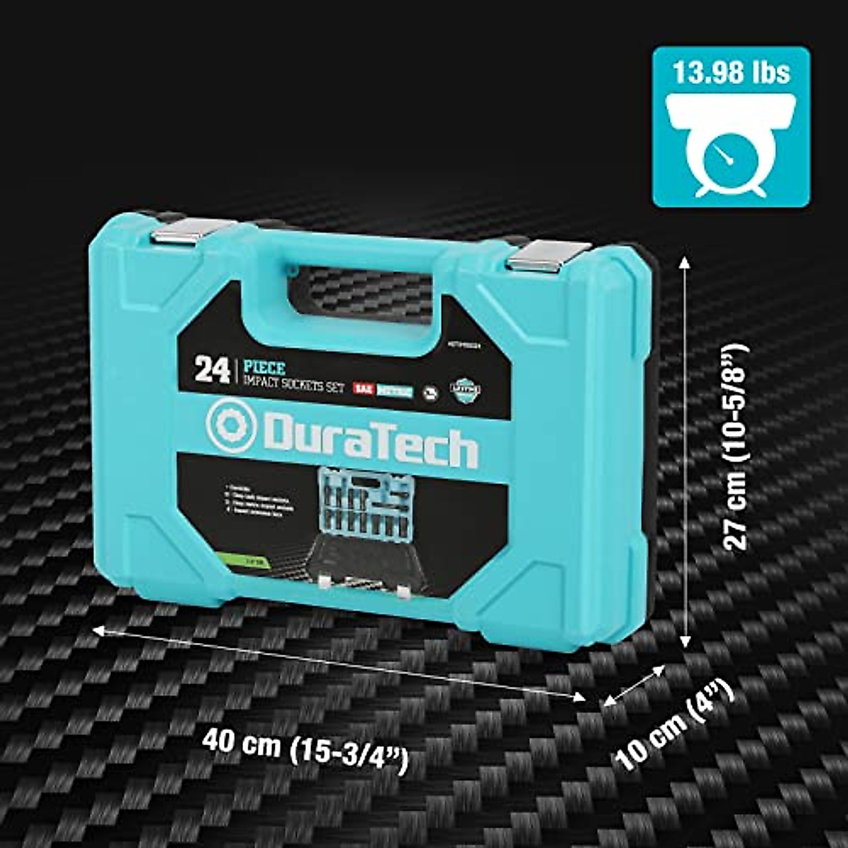 DURATECH 24-Piece Impact Socket Set, 1/2" Drive Deep Impact Socket Set with 2pcs 1/2-Inch Hexagon Extension Bars, Metric ＆ SAE, Hard Case Included