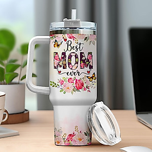 Mom Ugly Children Watercolor Floral, Tumbler 40 Oz With Handle Lid And Straw, Cups Primrose For Yellow Insulated Quartz Heart Handle Simple Modern Rose, Best Mom Ever Gifts