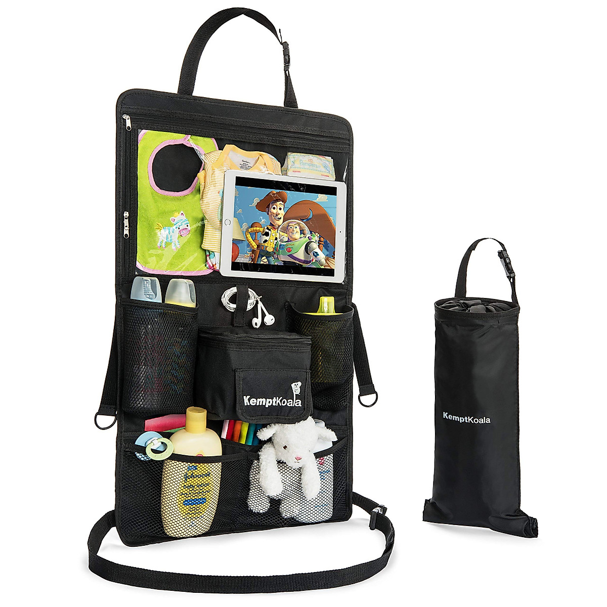 KemptKoala Ultimate Car Backseat Organizer w/Touch Screen Friendly 17” Tablet Pocket & Cup Holder – #1 Guaranteed Back Seat Car Organizer for Kids w/Handy Pockets for Wipes, Toys etc. Size: Large