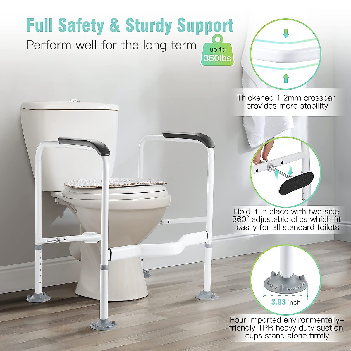 Hybodies Toilet Safety Rails for Elderly, Heavy Duty Toilet Safety Frame with Handles, Adjustable Height & Width, Toilet Assist Grab Bar with Anti-Slip Mat, Up to 350 Lbs, Fits for Any Toilets