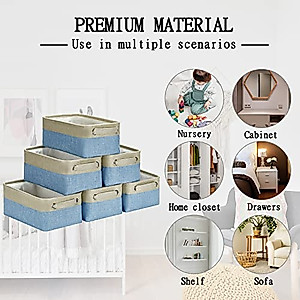 NEYKIOY Small Baskets Fabric Storage Bins 6 Pack Empty Gift Basket Decorative Storage Baskets for Shelves, Bathroom, Small Storage Basket with Handles(11.8" x 7.8" x 5.1"Inches- Beige&Blue)