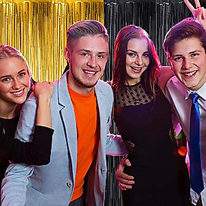 4 Packs Photo Booth Backdrops Foil Curtains Metallic Tinsel Backdrop Curtains Door Fringe Curtains for Wedding Birthday Christmas Halloween Disco Party Favour Decorations (Matt Gold, Matt Black)