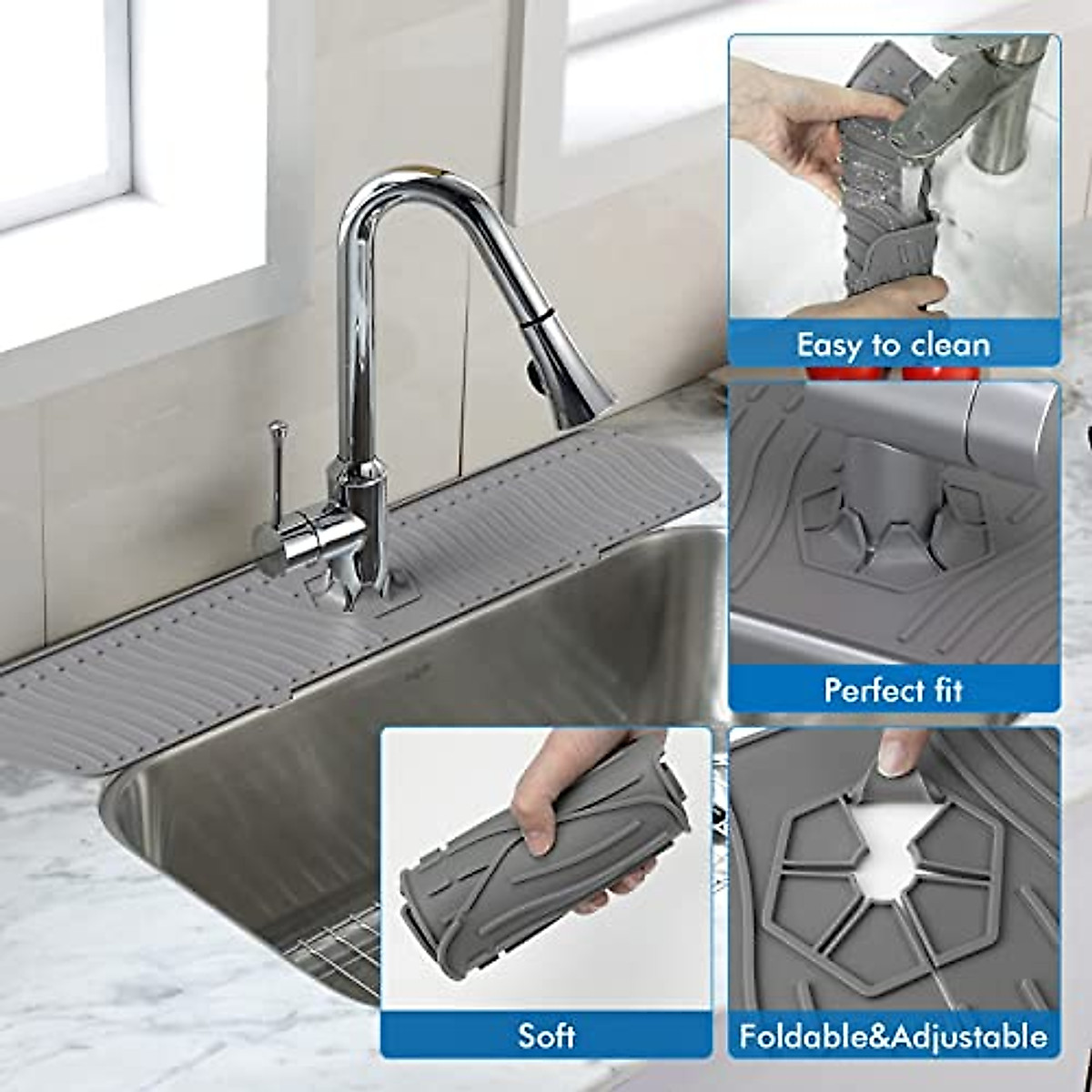 Big Size Kitchen Sink Splash Guard, 24in Faucet Mat Splash Catcher, Handle Drip Catcher Tray, Multipurpose for Kitchen Dish Drying Mats Sponge Holder and Bathroom Countertop Protect(Gray)
