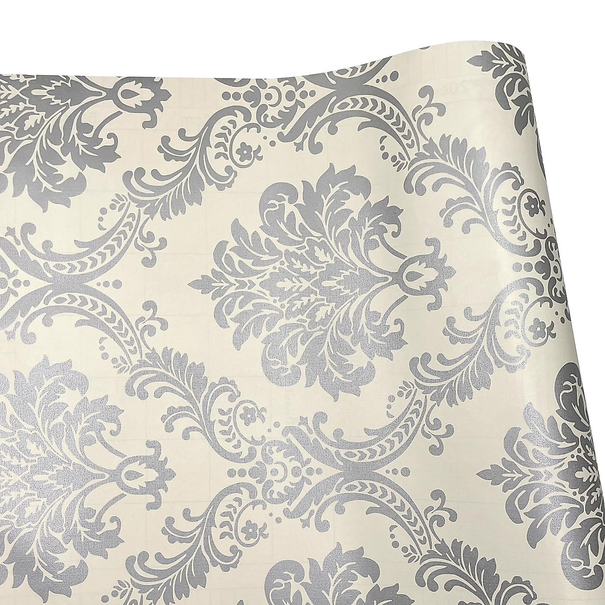 LovingWay Vintage Shelf Liner Self-Adhesive 17.7x177 Inch Drawer Covering PVC Paper Upgrade Old Furnitures Looking Grey Damask