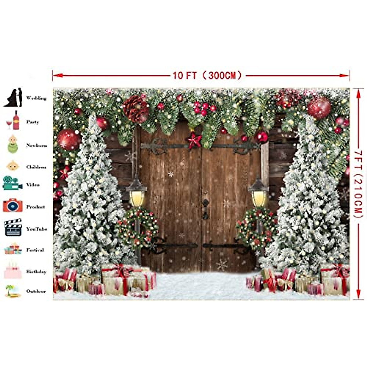 Lofaris Winter Christmas Backdrop Xmas Photography Backdrop Rustic Barn Wood Door Backdrop Xmas Tree Snow Gift Bell Kids Adult Family Supplies Banner Party Baby Shower Decoration Background 10x7ft
