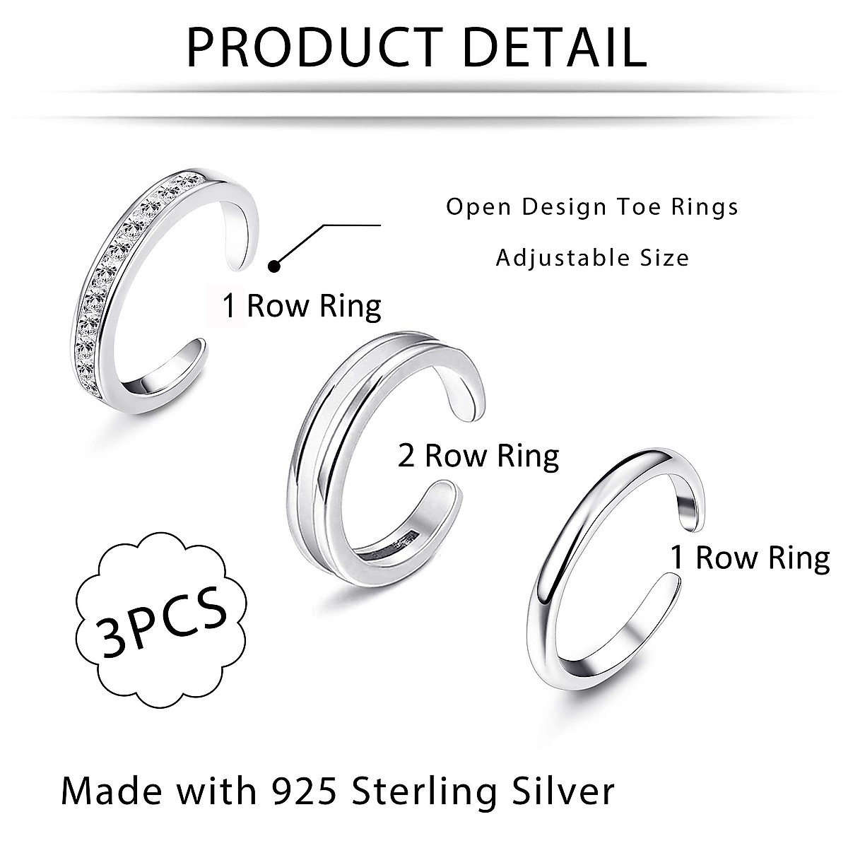 Sllaiss 925 Sterling Silver Toe Rings For Women Hypoallergenic Adjustable Open Cuff Toe Ring Platinum Plating Cubic Zirconia Toe Rings Foot Jewelry