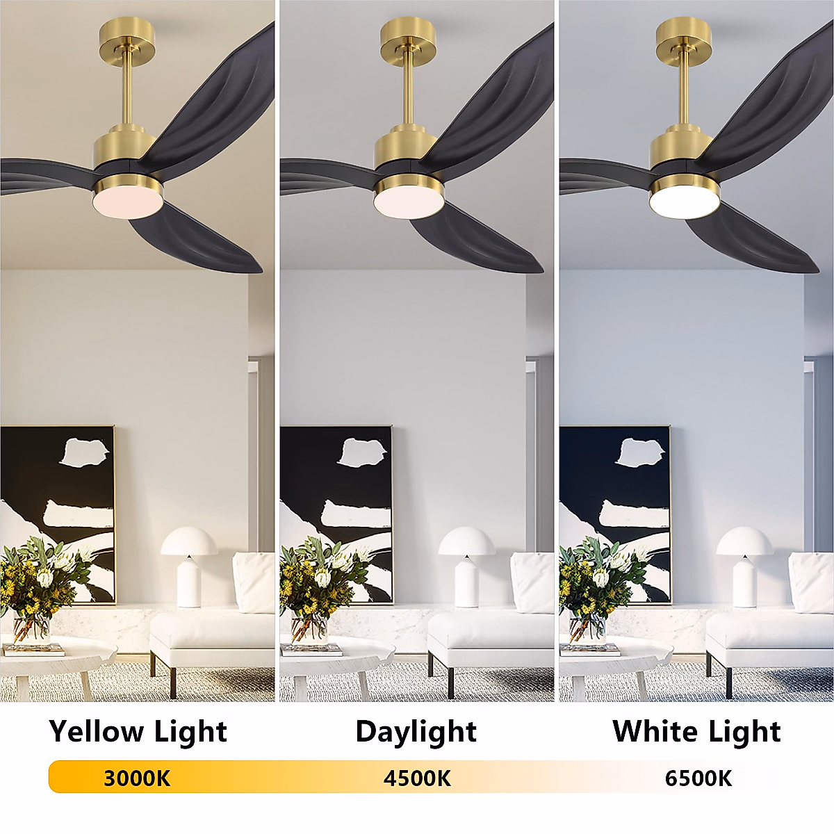 ELEHINSER 64" Wood Ceiling Fan with Lights and Remote Control, 3 Blades 6-Speed Reversible DC Motor Ceiling fan for Kitchen Bedroom Dining Living Room, Black Wood Blades with Gold