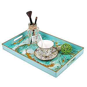MAONAME Turquoise Serving Tray with Handles, Plastic Decorative Tray for Coffee Table, Marbling Rectangular Tray for Bathroom, Ottoman, Storage, 15.7" Lx 10.2" W X 1.57" H
