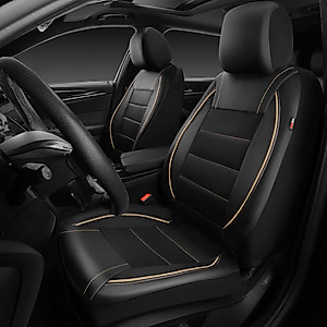 CAR PASS Universal FIT Piping Leather Two Front Seat Covers, Waterproof Faux Leather for SUV Sedan Van Truck, Airbag Compatible,Reserved Opening Holes for Headrest Covers. (Black and Beige)