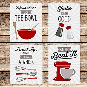 Red Retro Vintage Kitchen Wall Art Prints - Set of 4-8x10 UNFRAMED Gray, Red & White Kitchen Utensil Prints Perfect for Rustic, Modern Farmhouse, Country Decor.