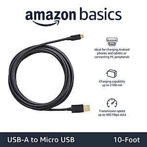 Amazon Basics 5-Pack USB-A to Micro USB Charging Cable, 480Mbps Transfer Speed with Gold-Plated Plugs, USB 2.0, 10 Foot, Black