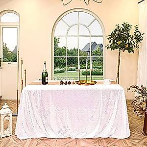 FYLEDAEE Iridescent White Sequin Tablecloth Rectangular 50X80 inch Spark Glitter Shimmer Tablec Cover for Wedding Baby Shower Birthday Dinners Dessert Flower Candy Cake Party Decoration