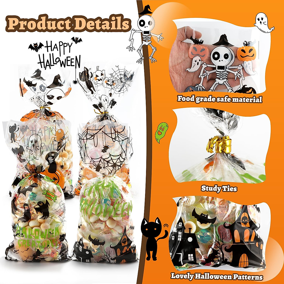 SHTALHST Halloween Treat Bags, 200 pcs (4.9” x 10.8”) Halloween Cellophane Treat Bags, Halloween Bags for Candy with Fun Friendly Designs, Halloween Party Decorations, Spooky Treat Bags