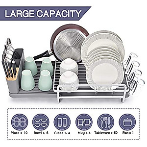 TOOLF Dish Rack and Drainboard Set, Extend Large Dish Drying Rack with Swivel Spout for Kitchen Counter or Sink, Expandable Dish Drainer Rack with Utensil Holder and Cup Holder (Expandable)