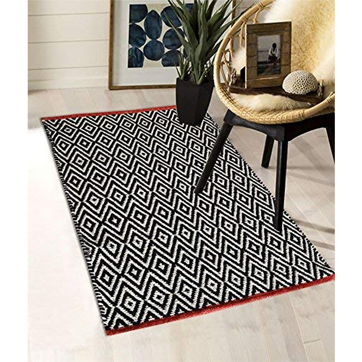 The Home Talk Cotton Area Rug | Carpets Suitable for Living Room, Bedroom, Dining Room, Home Décor | Handcrafted Traditional Rugs | Non-Skid | Diamond Contemporary | 24’’ x 36’’ | Black Store