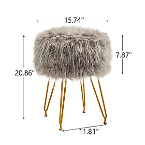 Alessing Grey Vanity Stool Chair with Storage, Faux Fur Storage Ottoman Furry Makeup Stool, Fuzzy Footrest Footstools with 4 Metal Legs & Wood Grain Pallet for Living Room Bedroom Entryway