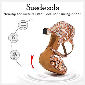 HIPPOSEUS Women's Latin Dance Shoes Tan Shiny Rhinestones Ballroom Party Salsa Dance Performace Shoes 2 1/3inch heel,Model L380,8 B(M) US