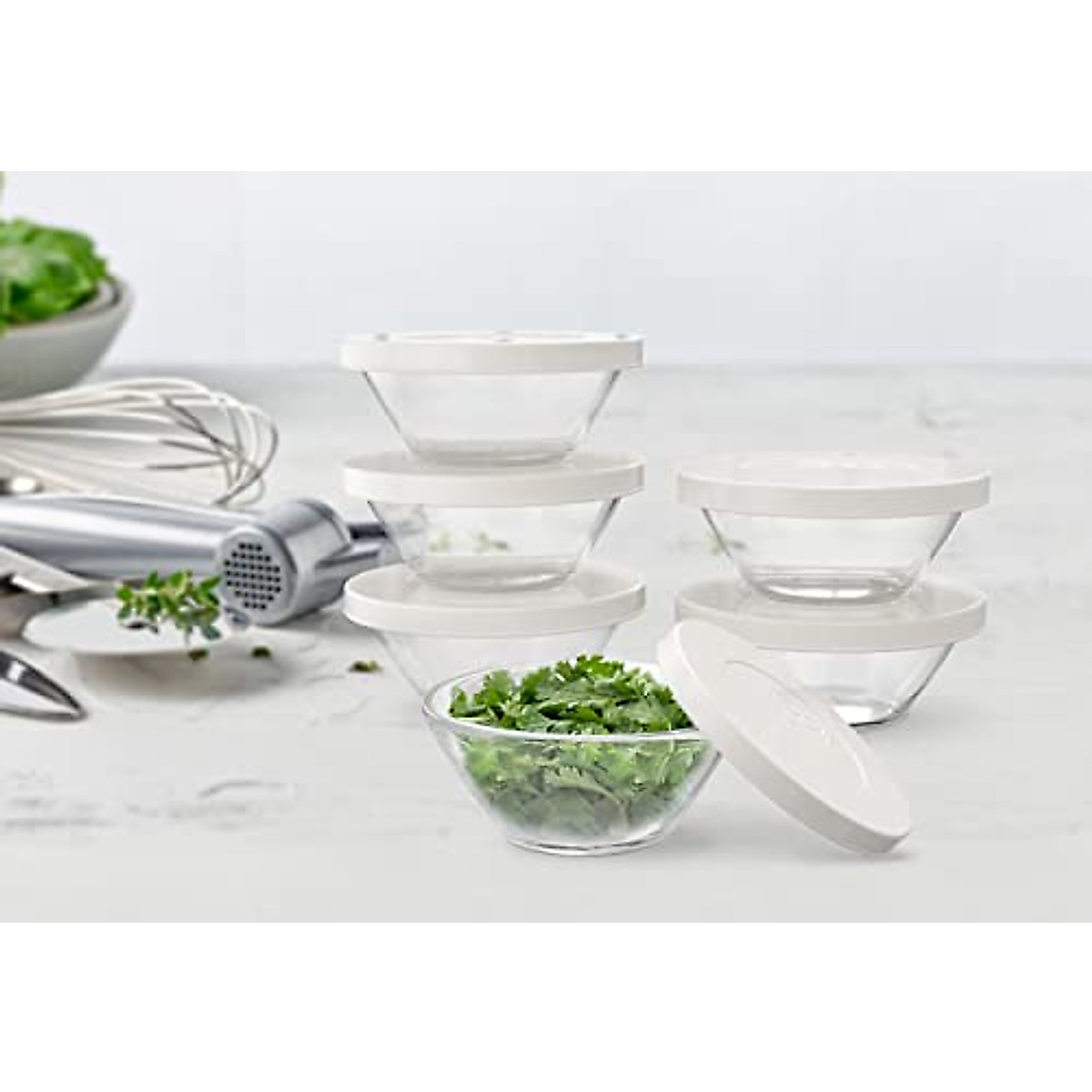 KooK Small Glass Prep Bowls with Lids Set, Clear Mini Food Storage Containers, Perfect for Dips, Microwave & Dishwasher Safe, 7.25 oz, Set of 8