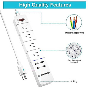 USB Power Strip, 4 USB Ports & 4 Outlets, Fast Charging, White 5.5 ft Cord, 1875W/15A Protector for Desktop, Home, Office & Nightstand Charging Station - Duvik
