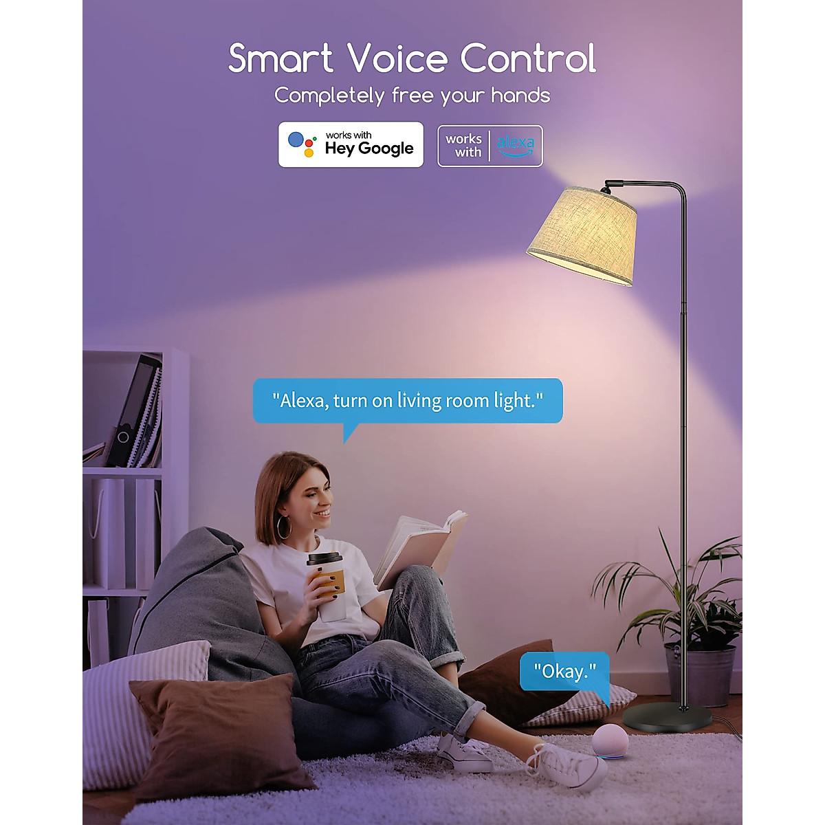 RGBWW Arc Floor Lamp for Living Room, Compatible with Alexa, Google Home, 2700K-6500K Dimmable Smart LED Lamp with Remote & WiFi APP Control, 67" Tall Modern Standing Lamp for Bedroom, Office (Black)