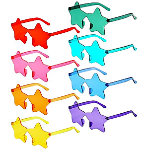 Pibupibu 8 Pack Colorful Star Shaped Sunglasses, Transparent Rimless Star Glasses Bulk, Cute Pentagram Fun Party Sunglasses Set