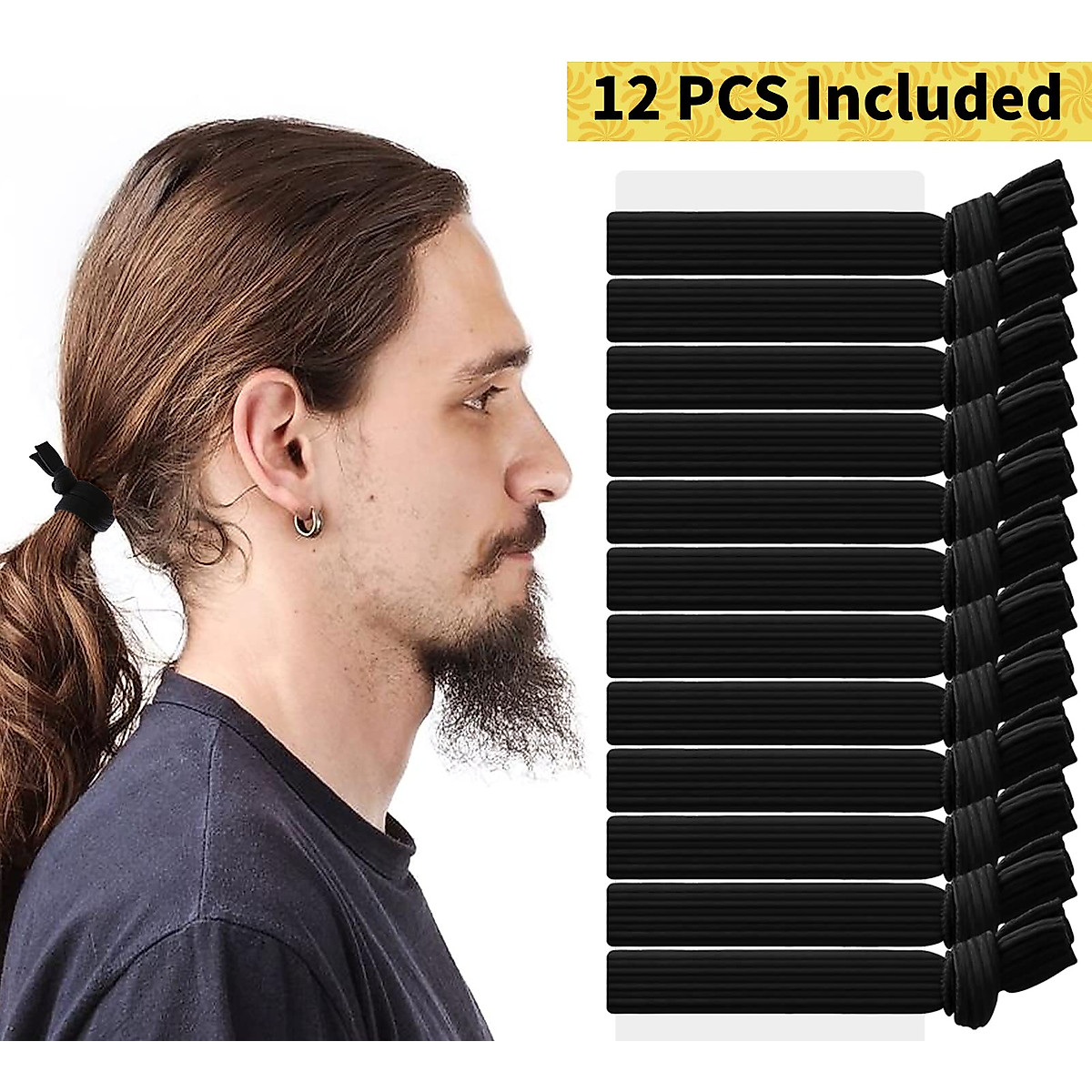 SYGY Hair Ties for Men 12PCS, Black Hair Ties Knotted Hair Bands, Mens Hair Ties for Long Curly Thick Hair, Elastic Flat Man Bun Hair Tie No Damage, Ponytail Holders Strong Holder Hair Ties for Guys