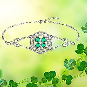 Shamrock Four Leaf Clover Bracelet for Women St Patricks Day Bracelet Sterling Silver Celtic Knot Irish Green 4 Leaf Clover Shamrock Bracelets Jewelry Charm Good Luck Gifts