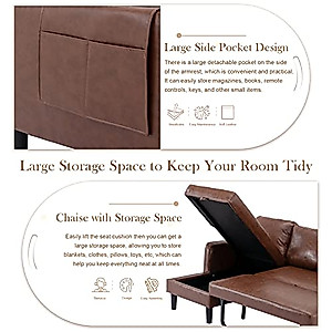 PU Leather Pull Out Sleeper Sofa Bed with Chaise, Comfy L Shaped Convertible Sleeper Couch with Storage and Pocket, Sectional 3 Seat Couch for Living Room Furniture or Office, Smooth Back - Brown