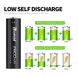BONAI AA Rechargeable Batteries 2800mAh 1.2V Ni-MH Low Self Discharge (Pack of 8)
