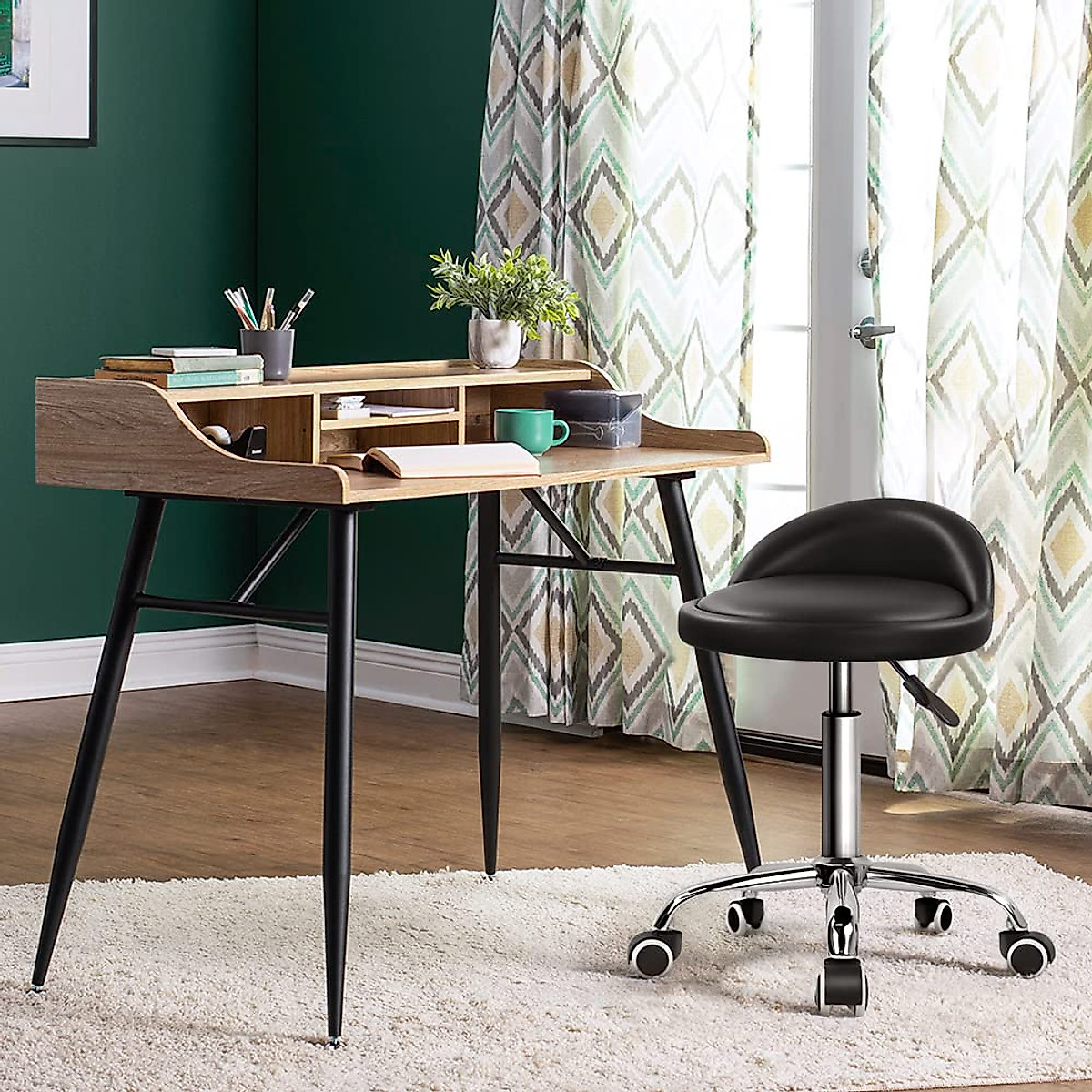 KKTONER PU Leather Round Rolling Stool with Back Rest Height Adjustable Swivel Drafting Work SPA Task Chair with Wheels Black