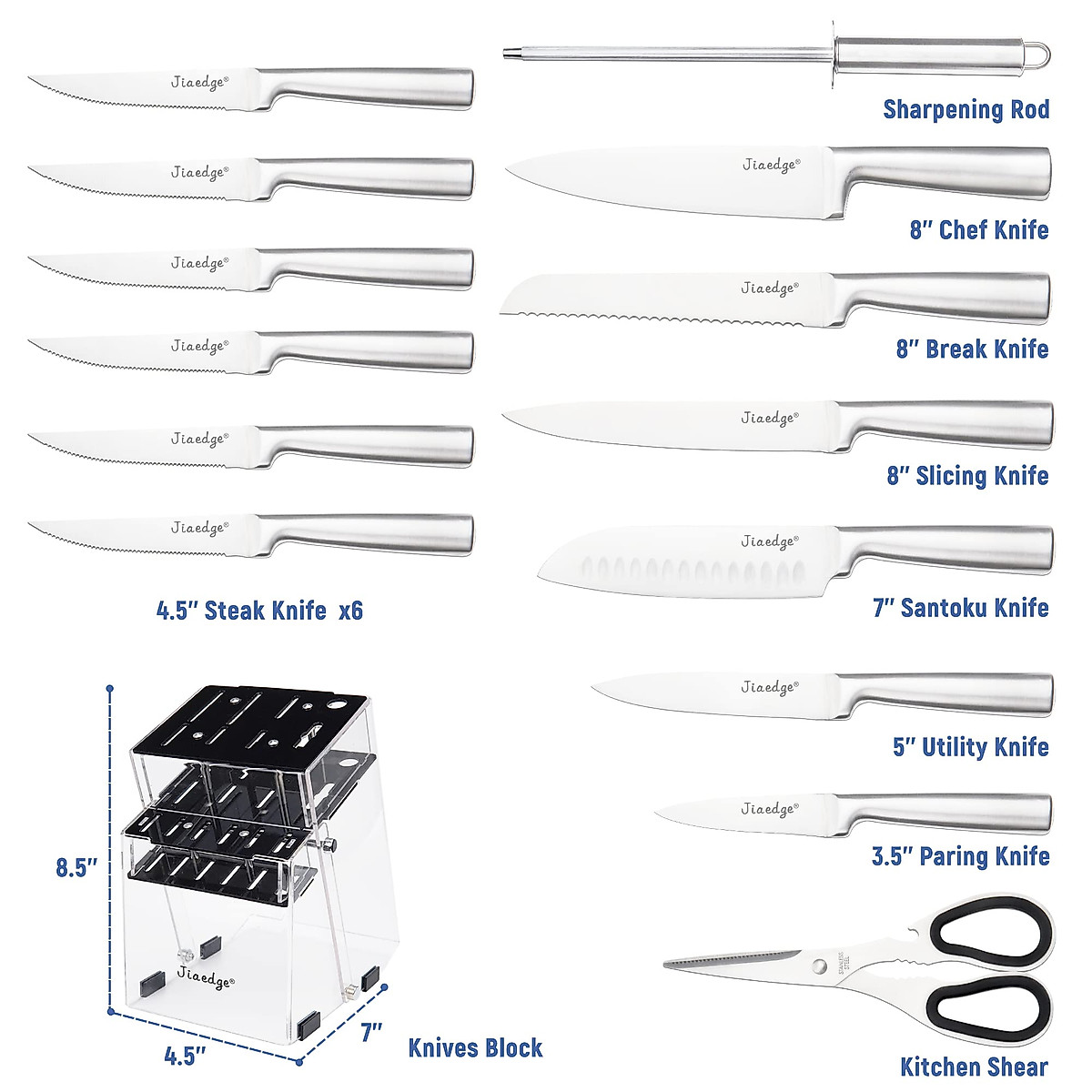 Kinfe set, Jiaedge Kitchen Knife Set with Block, 15-PC German High Carbon Stainless Steel Chef Knives Set for Kitchen with Block, Dishwasher Safe Steak Knives, Acrylic Stand, Knife Sharpener, Silver