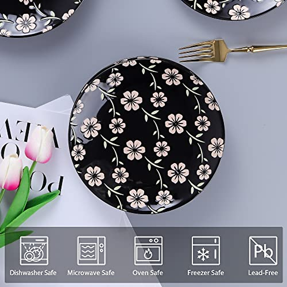 fanquare 8 Inch Japanese Dessert Plates Set of 6, Black Porcelain Pasta Bowls Set, Pink Floral Salad Plates for Soup
